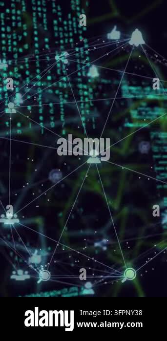 Animation of data processing and network of digital icons over plexus ...