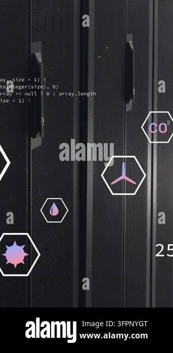 Animation of ecology icons and data processing over server room. Global ...