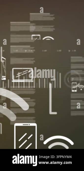 Animation of data processing with icons on black background. Global ...
