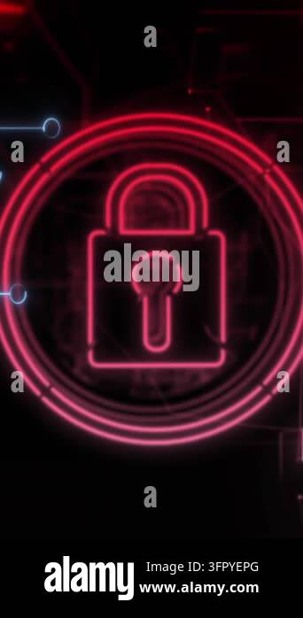 Animation of padlock symbol and data processing. Global online security ...