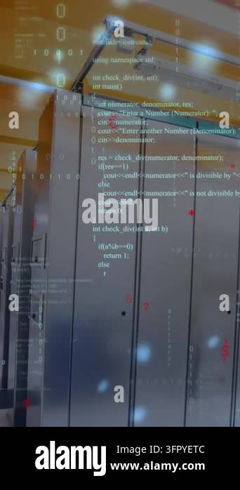 Animation of data processing, symbols and blue glowing spots against ...