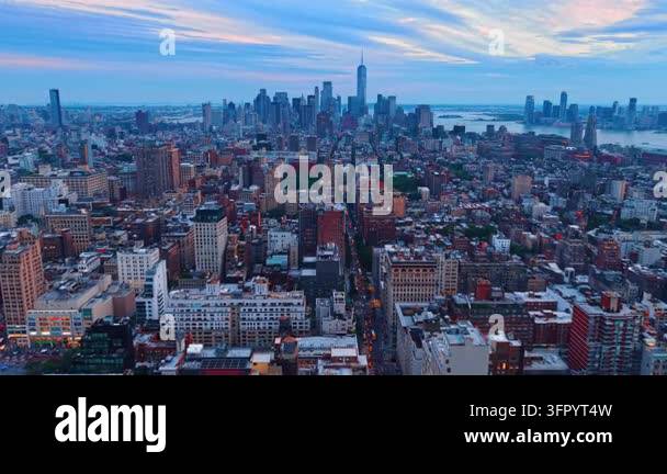 Elevated perspective of Manhattan skyline at twilight, New York. High ...