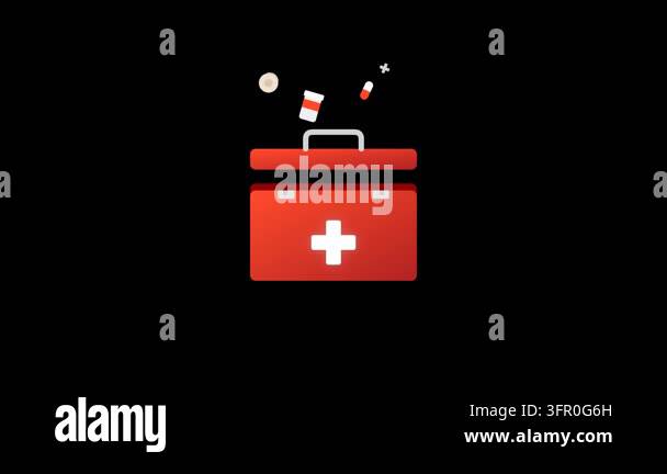 Animated Red First Aid Kit Opening with Floating Medical Supplies and ...