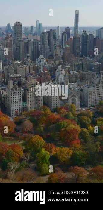 Vertical video: High angle footage of high rise buildings around autumn ...