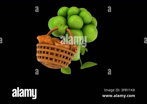 A cartoon broccoli character walks with a basket full of pastries and ...