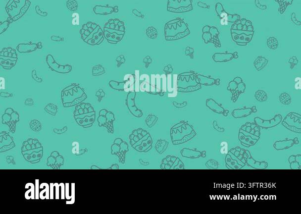 Seamless pattern of hand-drawn cartoon food icons on a teal background ...