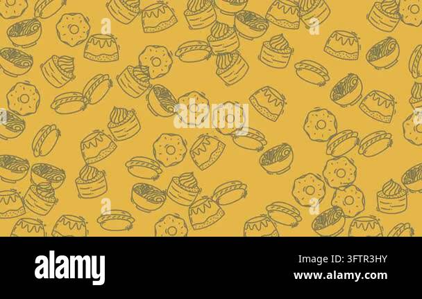 Hand-drawn doodle pattern of various desserts and snacks on a yellow ...