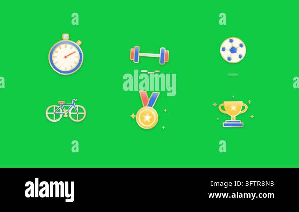 Enamel pin style icon set animation: a set of 6 sport icons: stopwatch ...