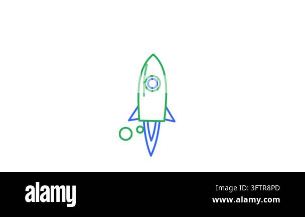 Line art style animated scene: a rocket lifting off in smoke and fire ...