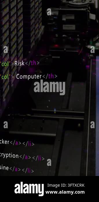Animation of data processing against computer server room. Computer ...