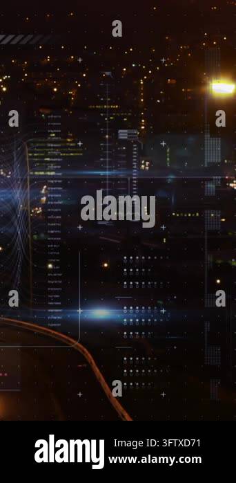 Animation of interface with data processing against aerial view of city ...