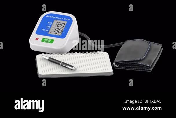 Blood pressure monitor with cuff notebook and pen rotation animation ...
