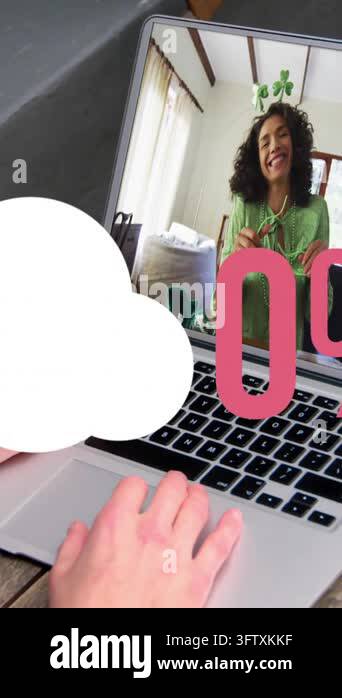Animation of cloud upload icon against rear view of woman having a ...