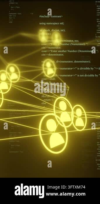 Network of connected user icons and code animation over dark background ...