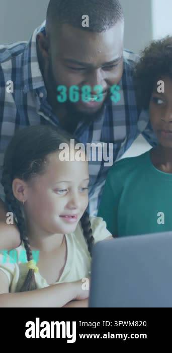 Vertical video: Dad leaning at laptop with kids, cyan finance graphics ...