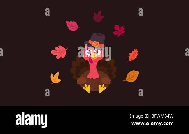 Whimsical cartoon turkey wearing a traditional pilgrim hat, surrounded ...