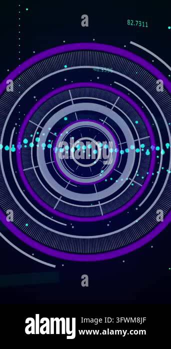 Animation of purple round scanner and data processing against black ...