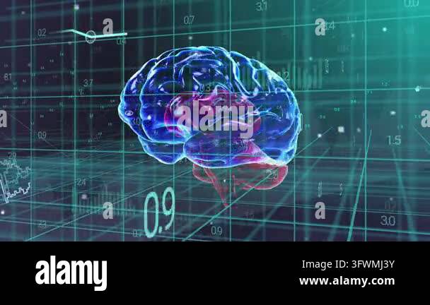 Data feed starting translucent 3D brain rotating, tilting, numeric ...