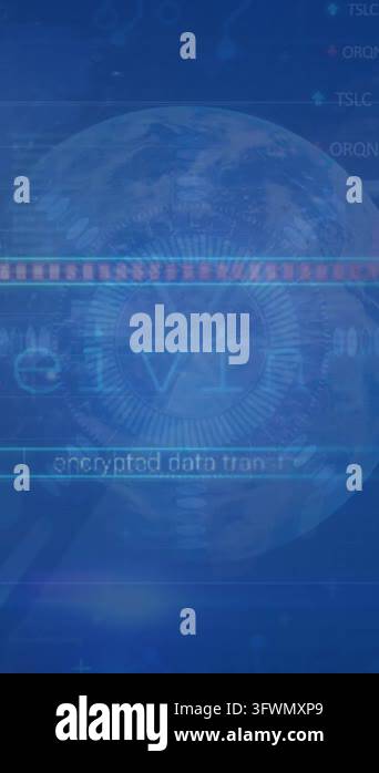 Animation of interface with data processing over globe against blue ...