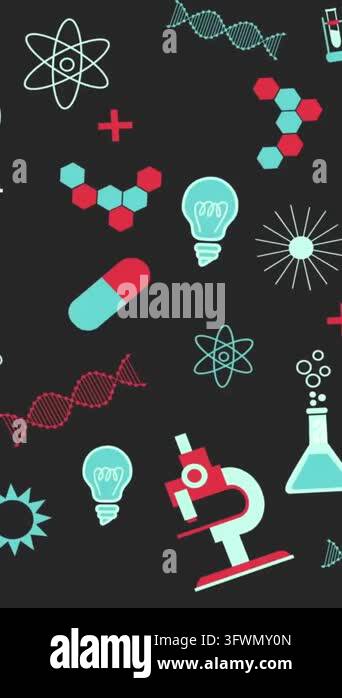 Animation of science icons over black background. Global education and ...