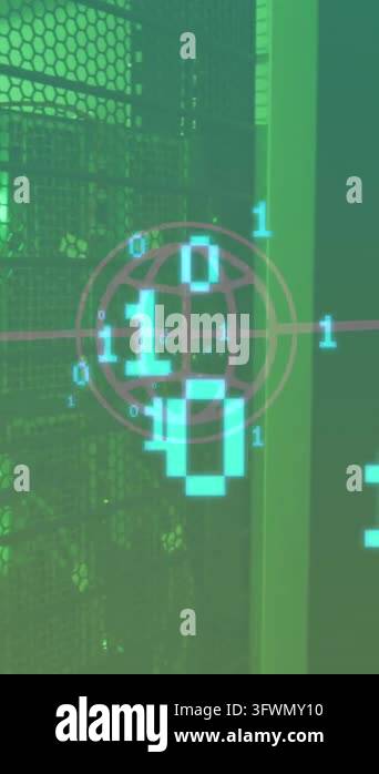 Animation of binary code, tech icons and servers. Global network ...