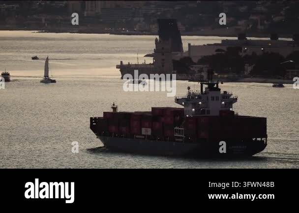 14 october 20206, Lisbon, Portugal - Large container ship sailing on ...