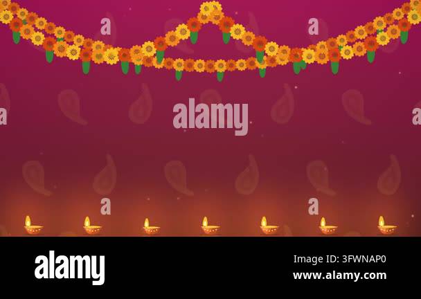 Diwali Marigold Garlands and Oil Lamps on Magenta Wall Stock Video ...