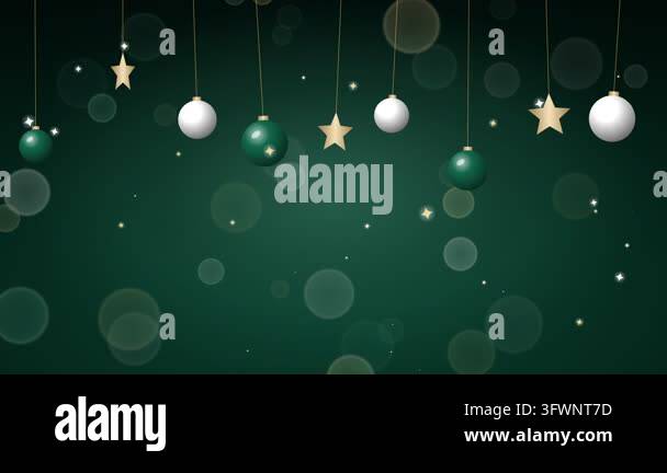 Green and white spherical ornaments and golden star shapes hang ...