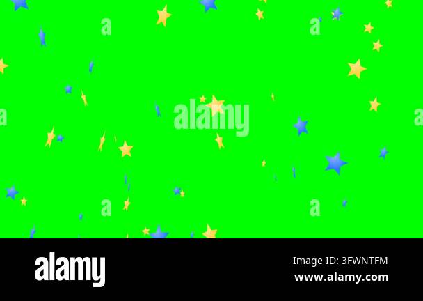 Yellow and blue star shapes drift downward against a solid green chroma ...