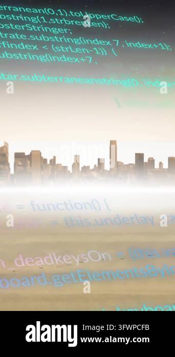 Animation of computer language over river and skyscrapers against sky ...
