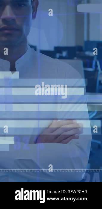 Animation of statistical data processing against businessman standing ...
