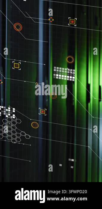 Animation of data processing against computer server room. Computer ...