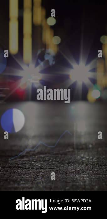 Animation of statistical data processing against view of city street at ...