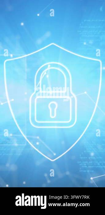 Animation of security padlock icon, network of connections and digital ...