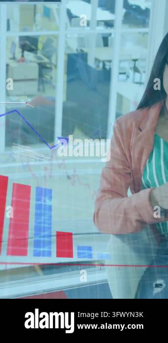Animation of statistical data processing against happy woman using a ...