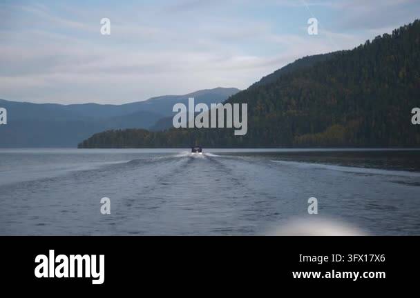 Motorboats Ride on Sea and Mountain Woods Landscape Panorama Shot. Wave ...