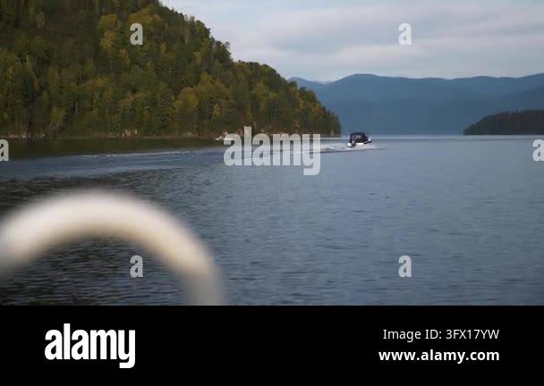 Motorboats Ride on River and Mountain Forest Landscape Panorama Shot ...
