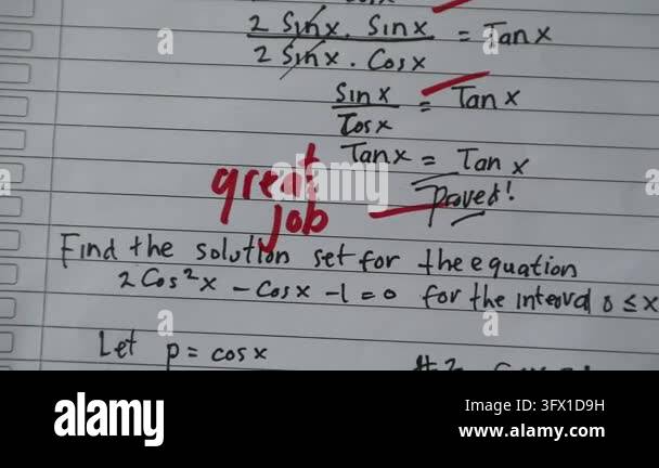 Handwritten math notes show trigonometry formulas and a great job ...
