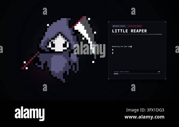 A stylized pixel art character of a little reaper holding a scythe ...