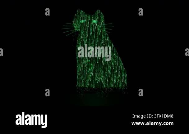 A stylized cat silhouette formed by cascading green digital binary code ...