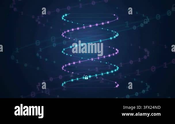 Abstract digital DNA helix with binary code and lock icons rotating on ...