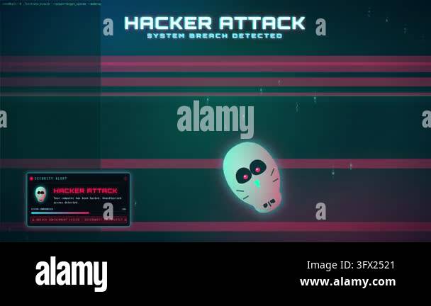 Digital screen displays hacker attack warning with security alert and ...