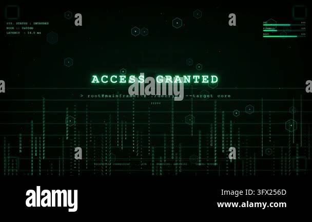 Digital screen displaying 'ACCESS GRANTED' with cascading binary code ...