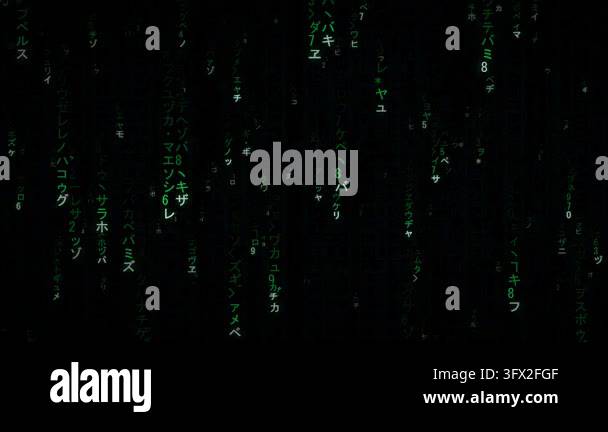 Green digital code characters falling vertically on a dark background ...