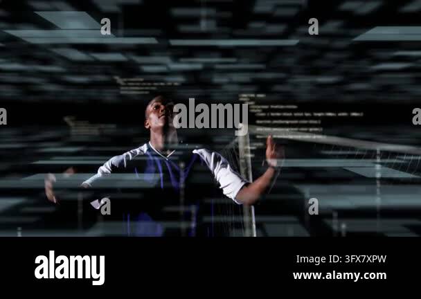Sports data activating, male athlete tracking binary panels above ...