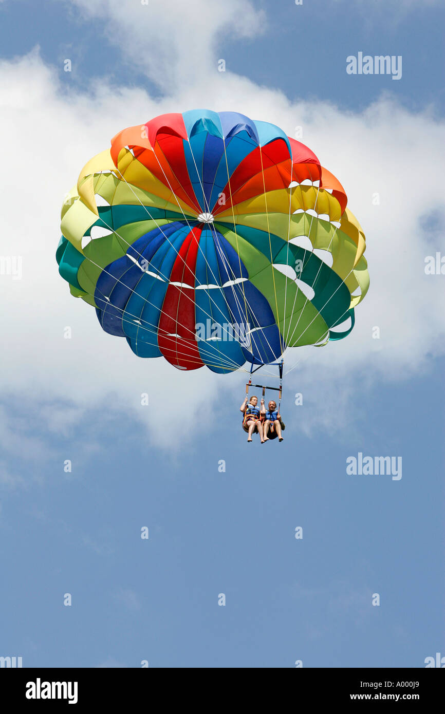 parachute paragliding behind a beach parasailing rainbow red yellow ...