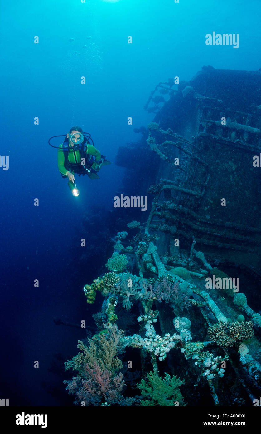 scuba diver explores unknown ship wreck Egypt Zabargad Zabarghad Red ...
