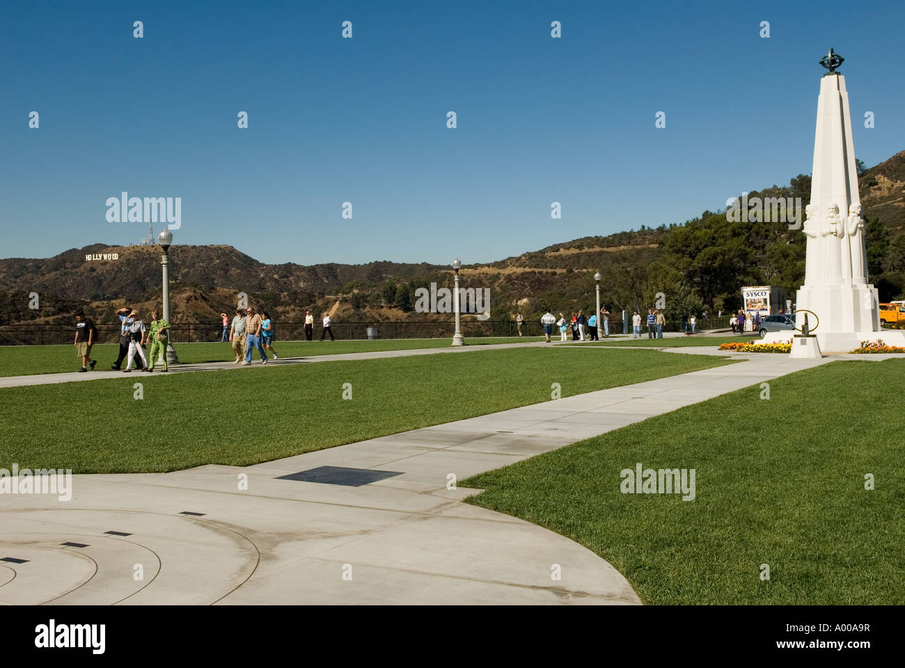 Griffith Park Observatory main lawn area. The Hollywood sign in the ...
