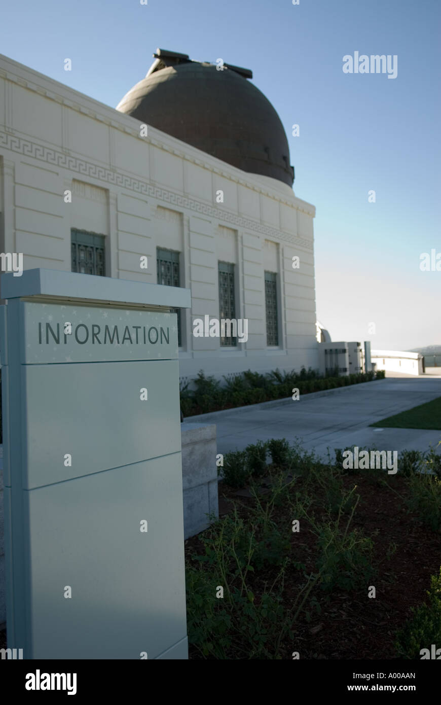 Sign indicating information booth at the Griffith Park Observatory in ...