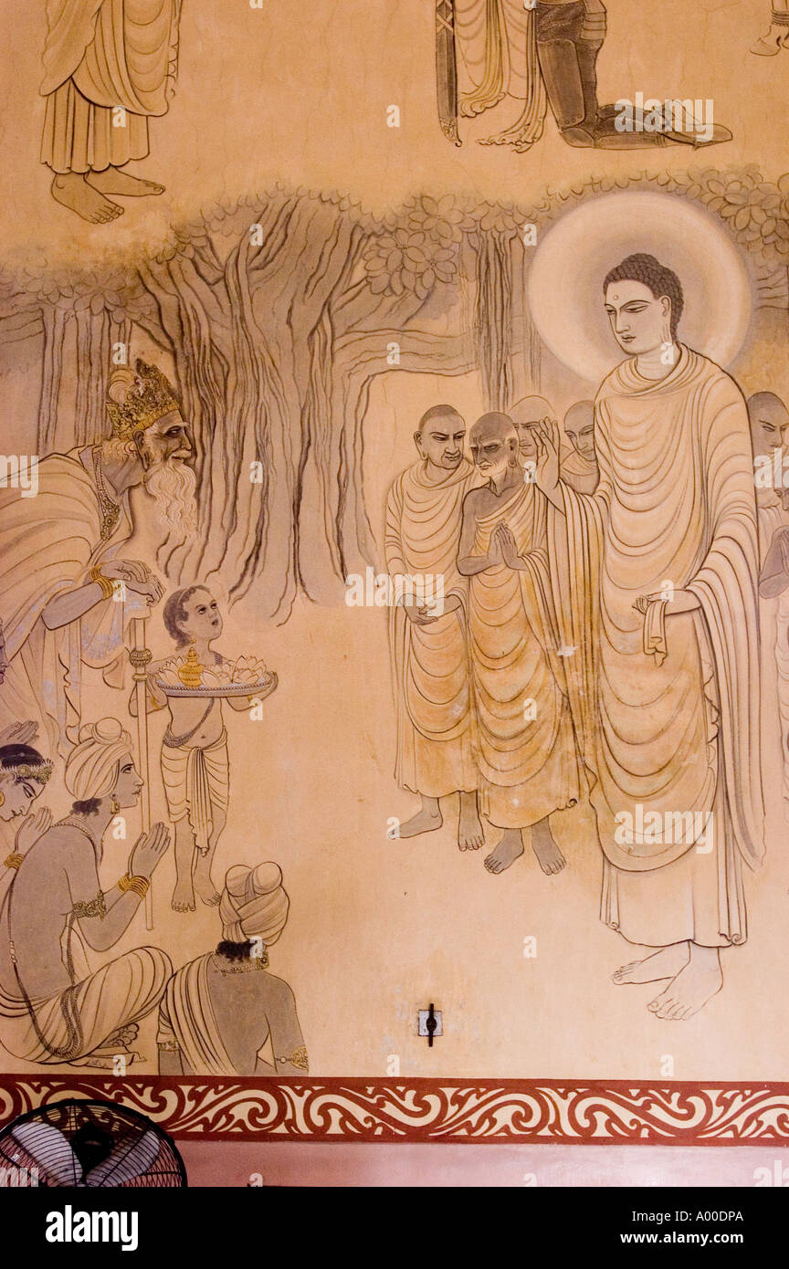 Buddha with disciples mural painting in Sarnath temple Uttar Pradesh ...